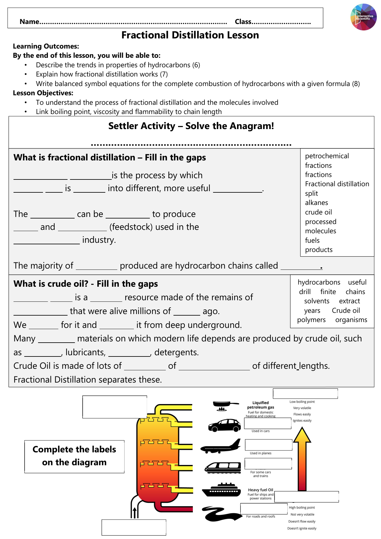 Fractional Distillation Worksheet