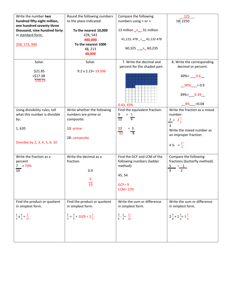 1st Semester 6th Grade Math Study Key With Answers