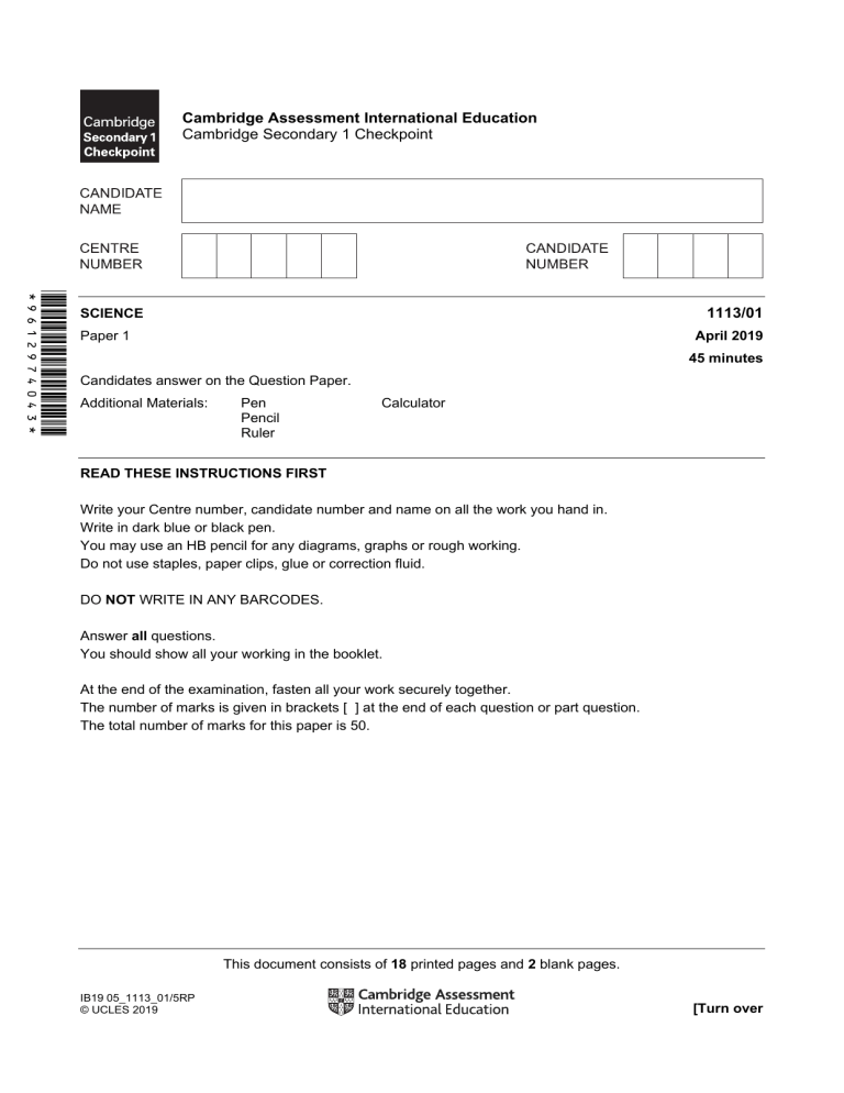 Cambridge Secondary Checkpoint Science 1113 April 2019 Paper 1