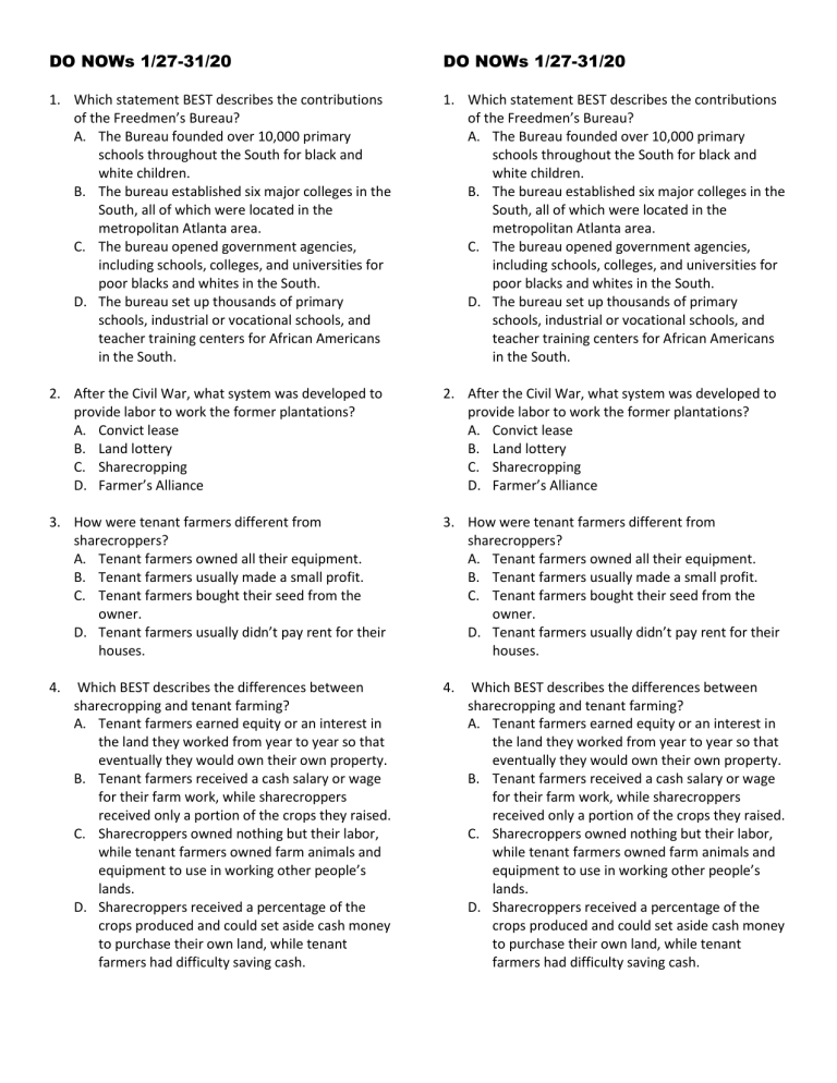 Reconstruction Era Worksheet: Freedmen's Bureau & Labor