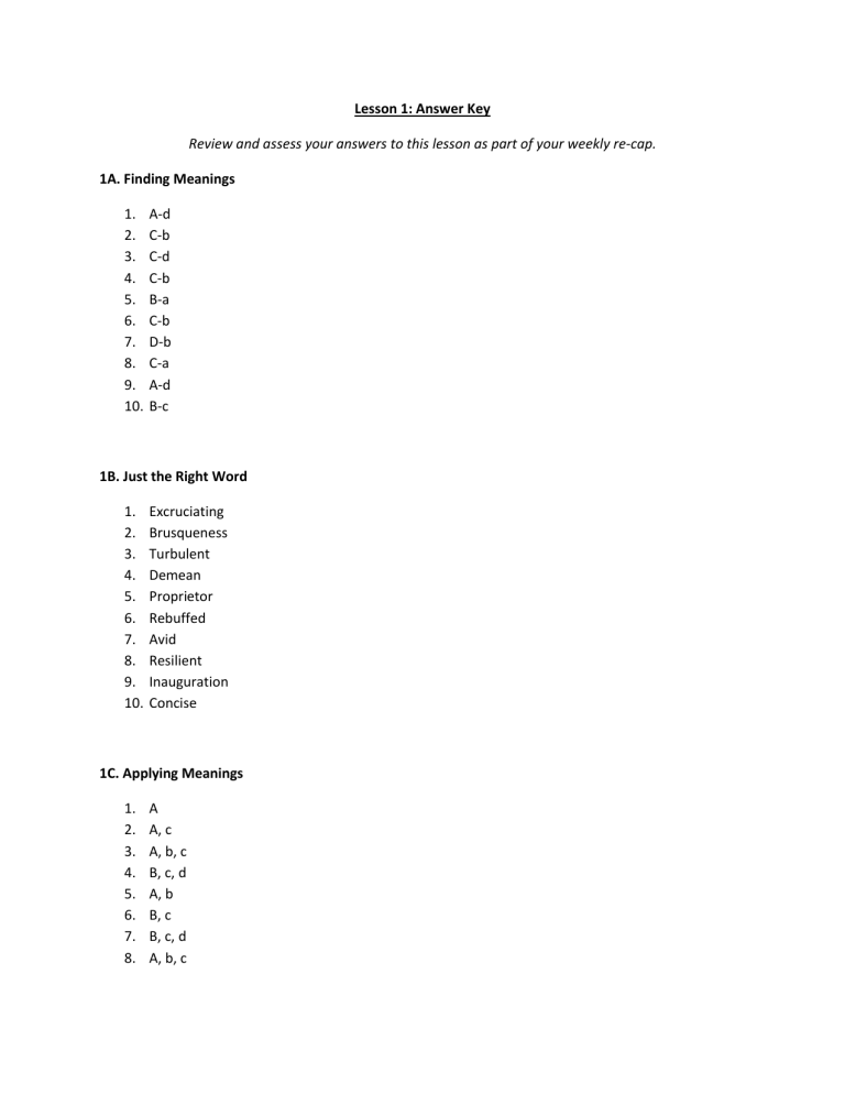 Lesson 1 ANSWER KEY