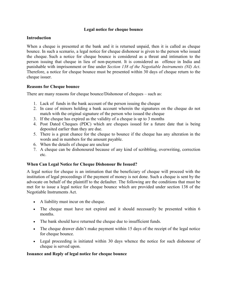 Legal Notice For Cheque Bounce Legal Notice For Cheque Bounce