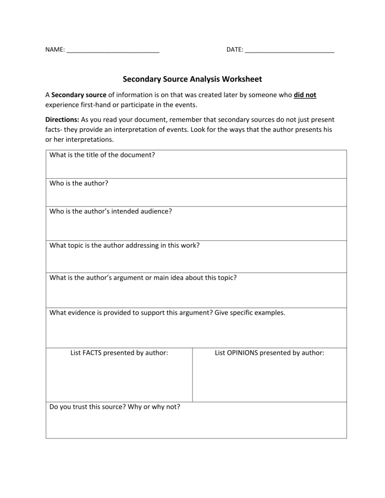 Secondary Source Analysis Worksheet Typeable