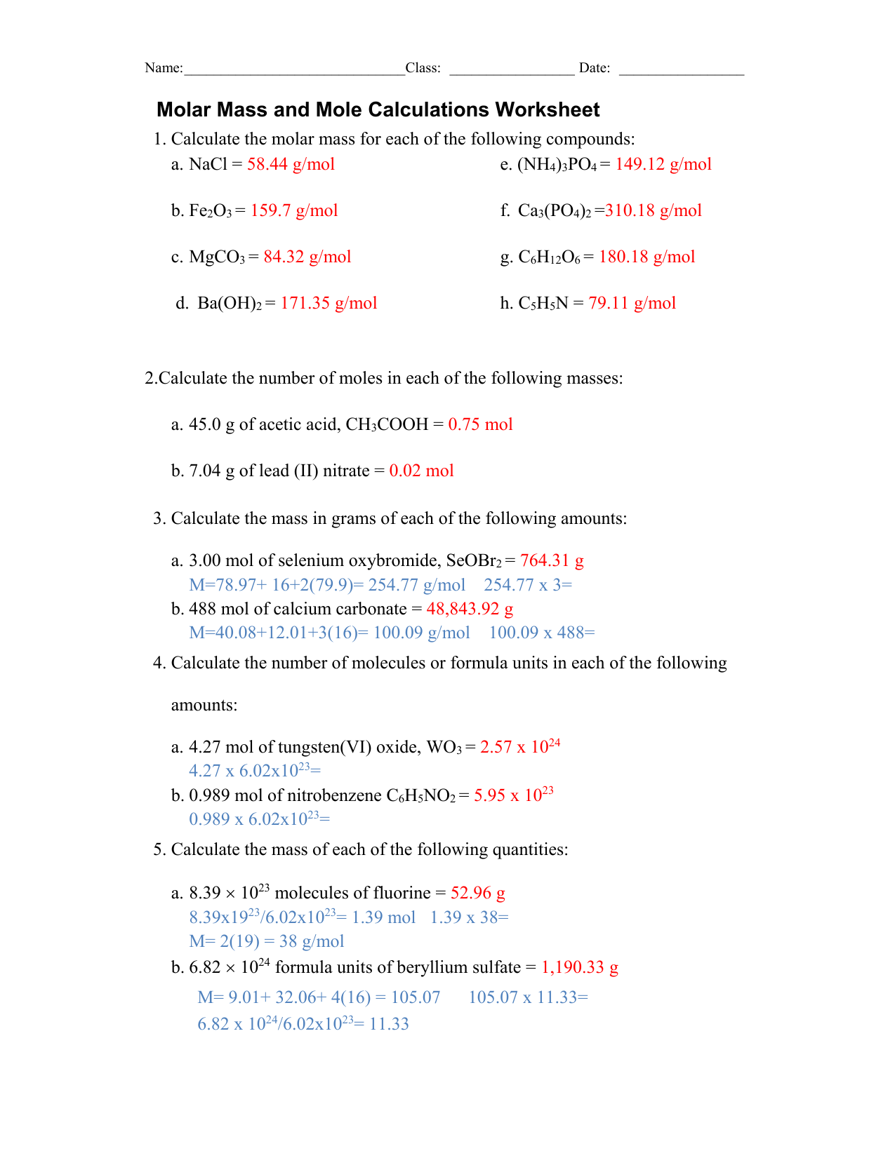Molar Mass Worksheet Answer Key Molar Mass Worksheet Answer Key