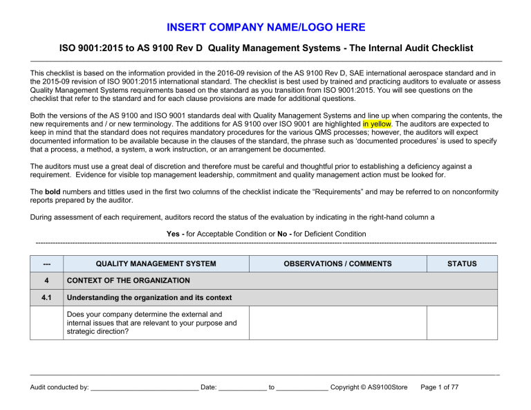 AS 9100 D Over ISO 9001 Audit Checklist Sample