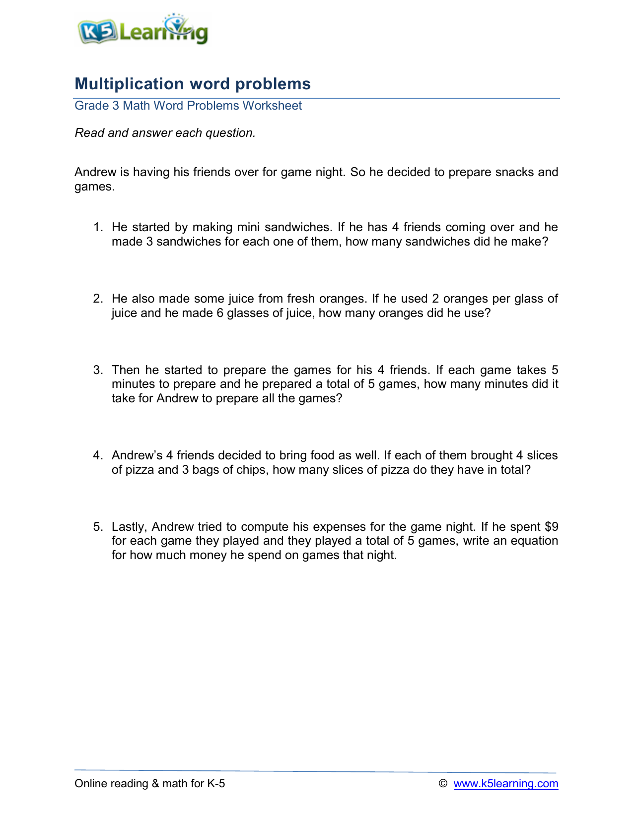 Multiplication Word Problems For Grade 3 K5 Learning Multiplication 