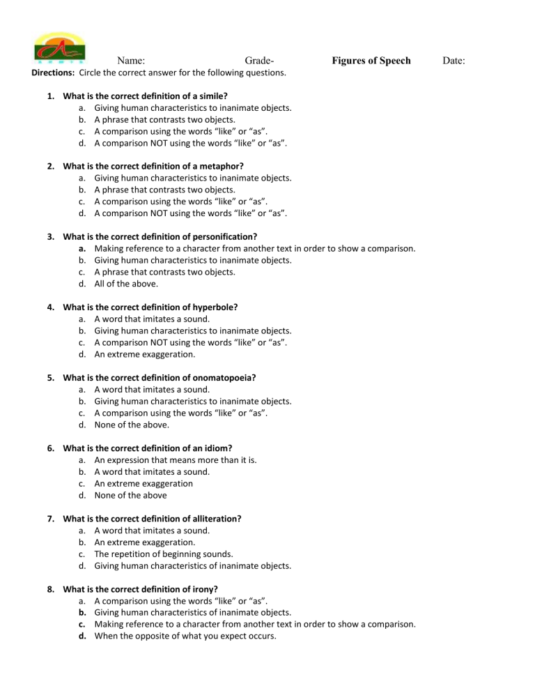 Figures Of Speech Test 1