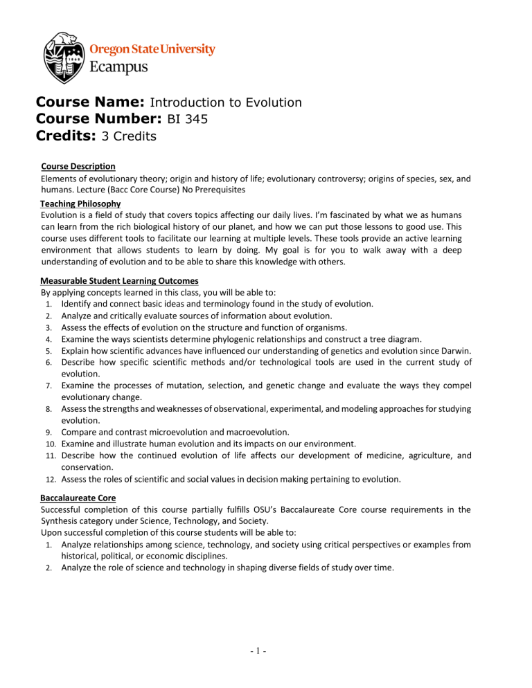 Introduction to Evolution Course Syllabus