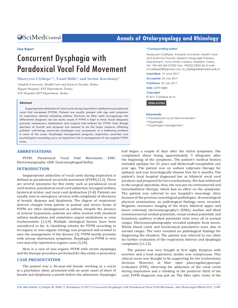 Dysphagia & Paradoxical Vocal Fold Movement: A Case Report