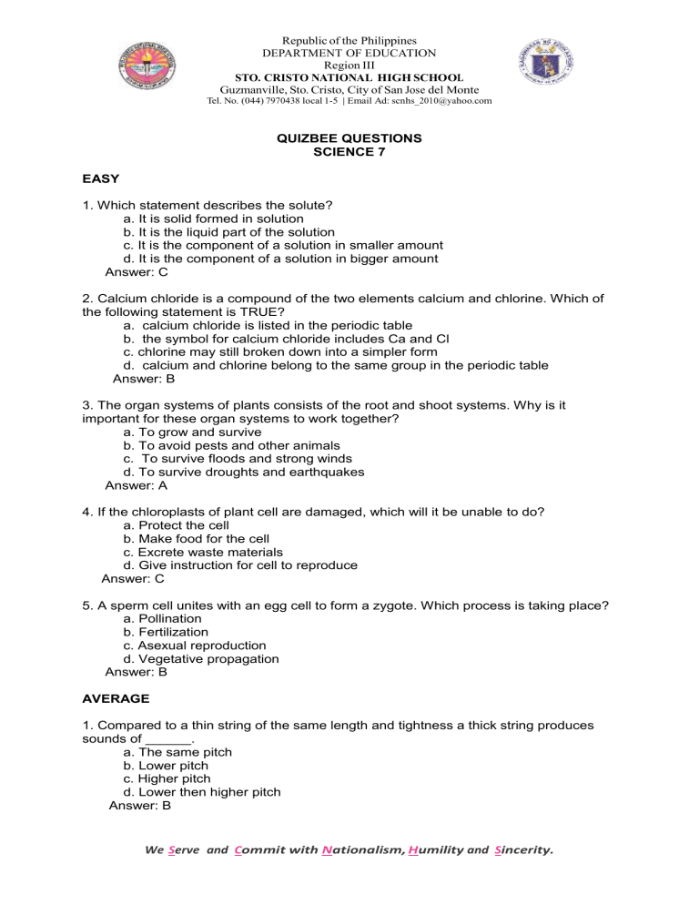 Division Science Quizbee Questions Grade 7 Division Science Quizbee Questions Grade 7