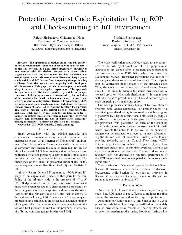 ROP & Check-summing for IoT Code Protection