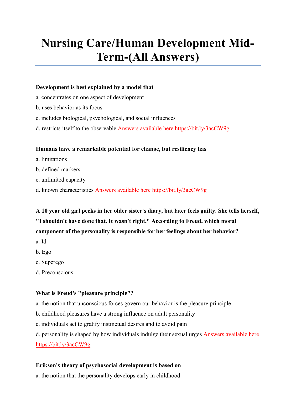 Nursing Care Human Development Mid Term All Answers 