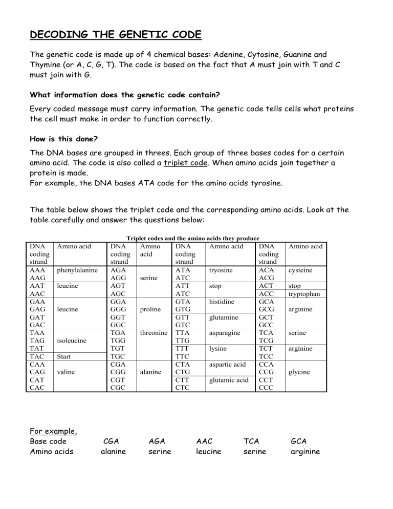 Decoding The Genetic Code Worksheet Decoding The Genetic Code Worksheet
