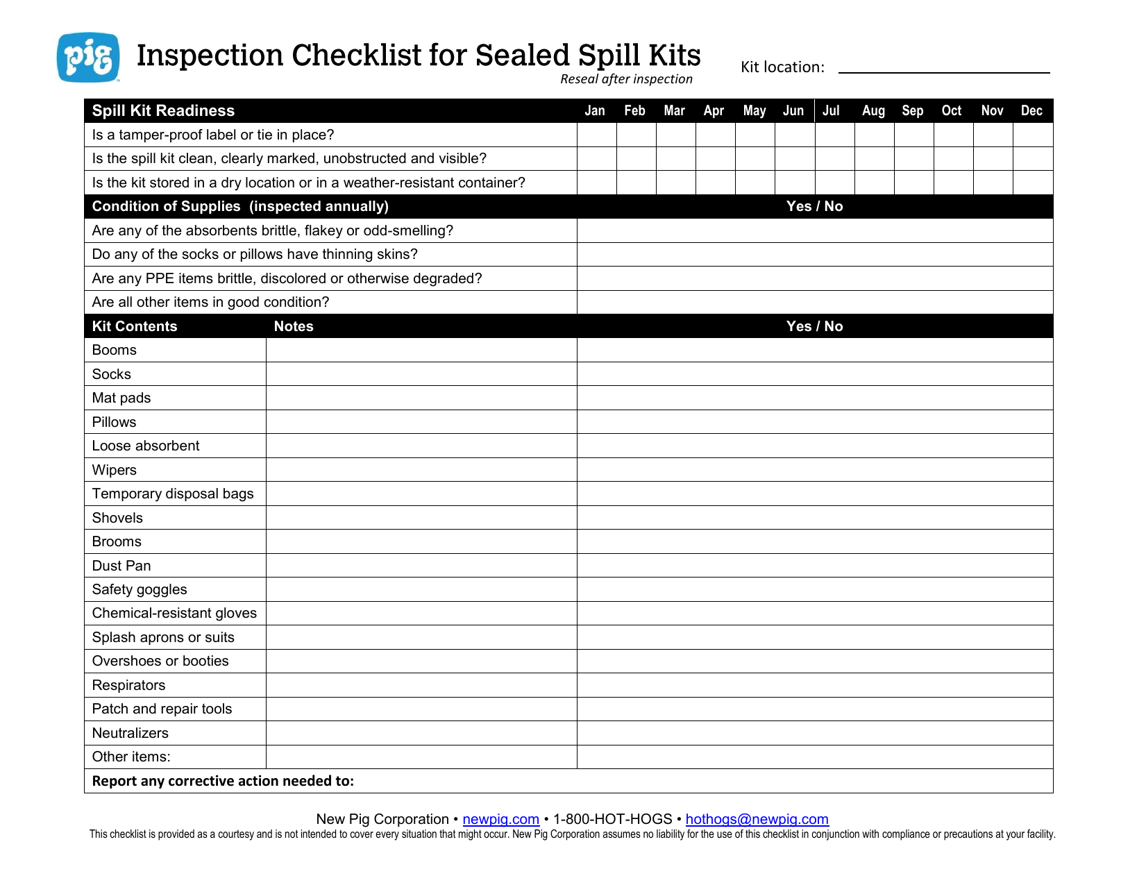 PL CHECKLIST FOR SPILL KITS SEALED