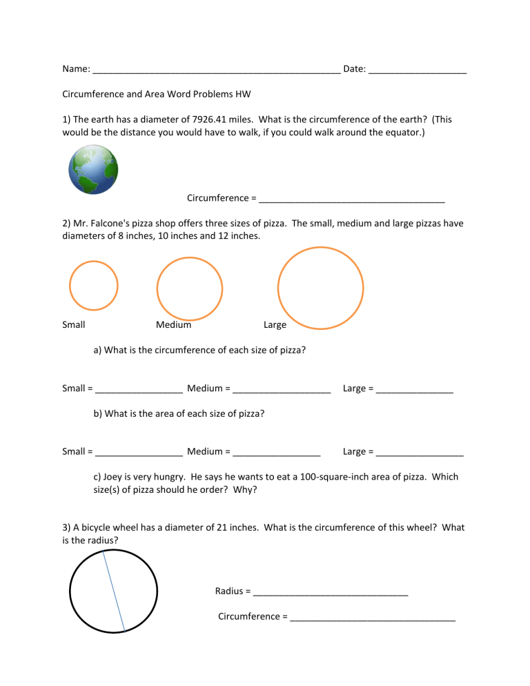 Circumference And Area Word Problems HW 2 Circumference And Area Word Problems HW 2