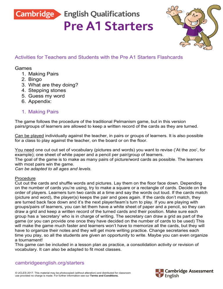 Pre A1 Starters Flashcard Activities for Teachers & Students