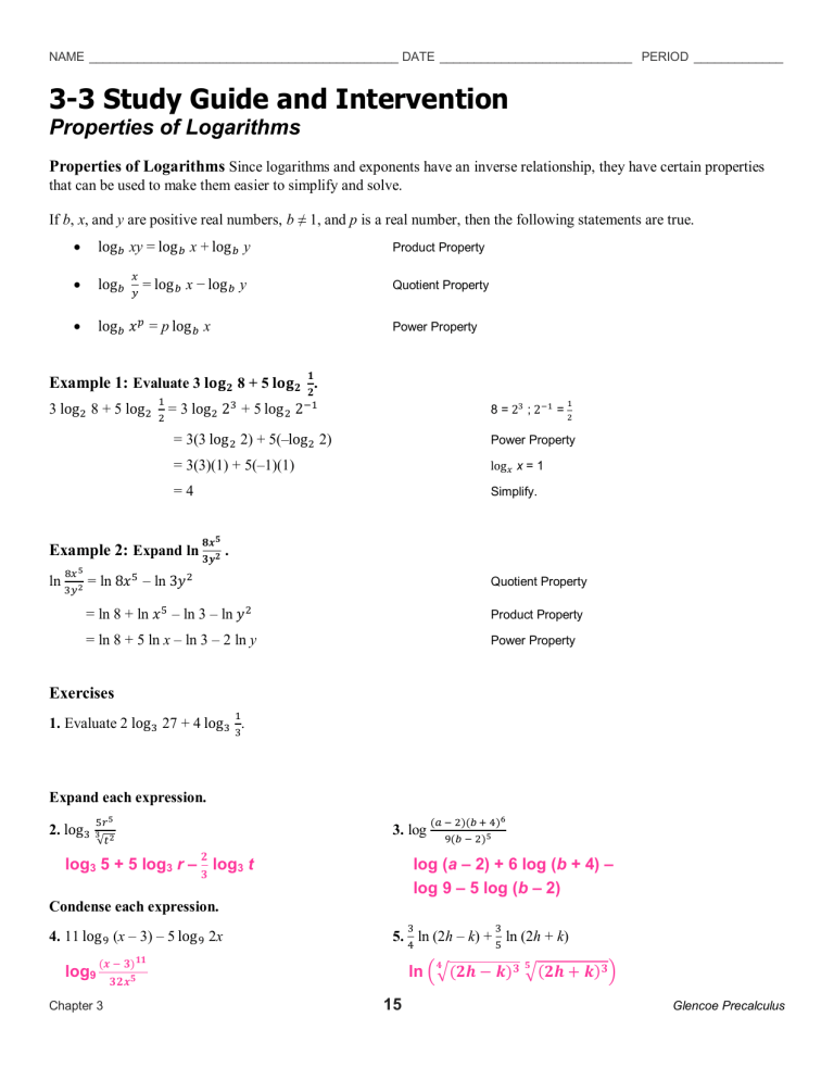3 3 Study Guide And Intervention Properties Of Logarithms Glencoe