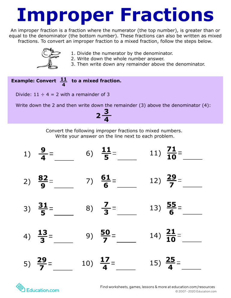 Improper Fractions To Mixed Numbers Worksheet