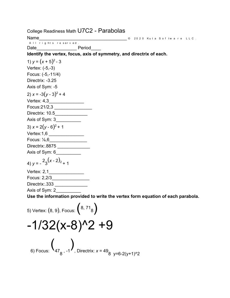 U7C2 Parabolas PRACTICE