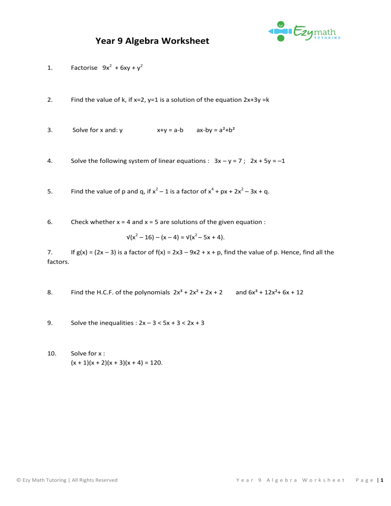 Year 9 Algebra Worksheet