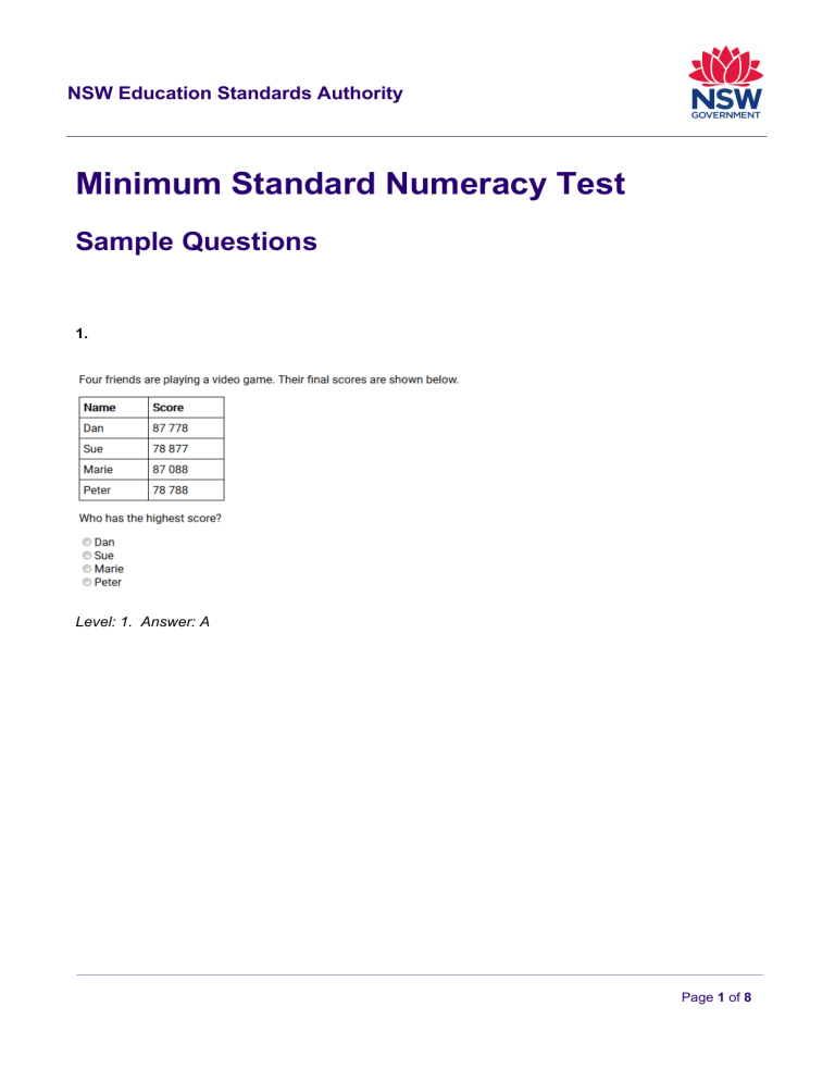 Sample numeracy questions with answers