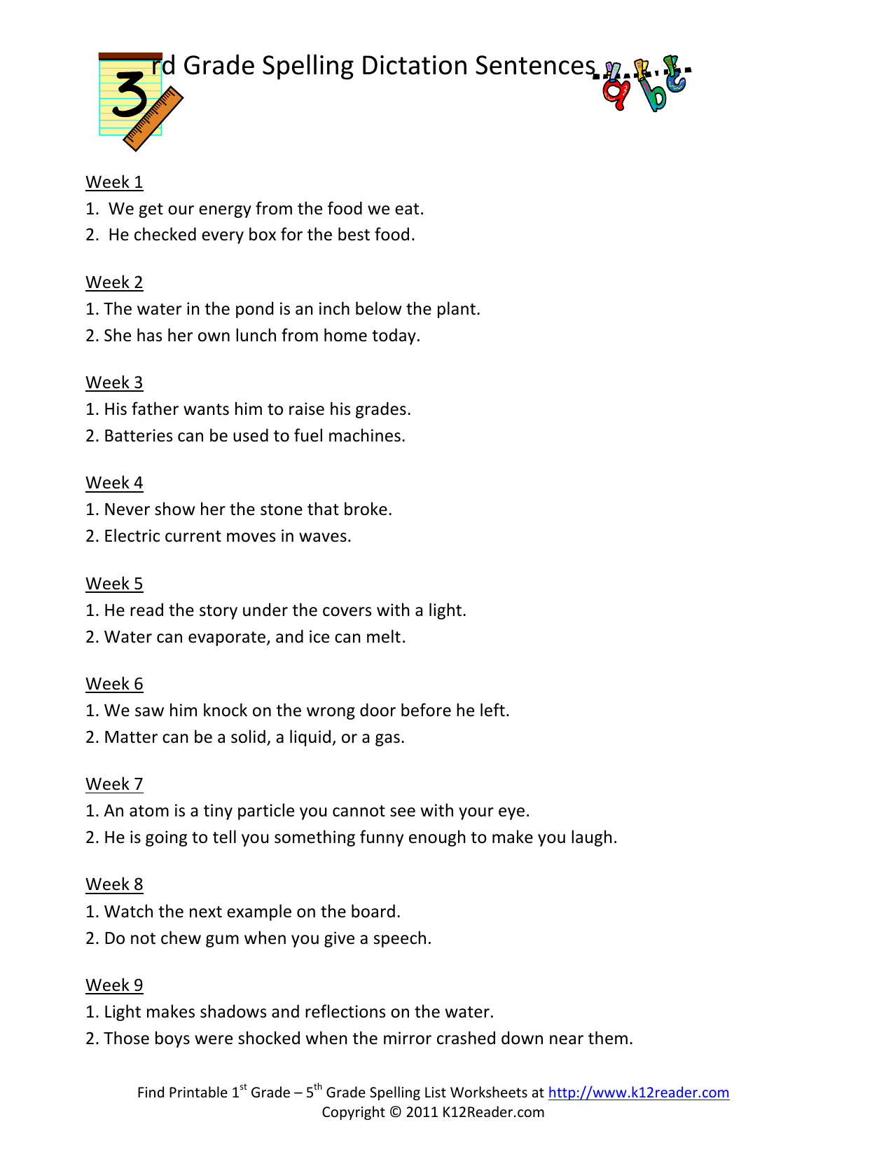 Third Grade Spelling Dictation K12reader