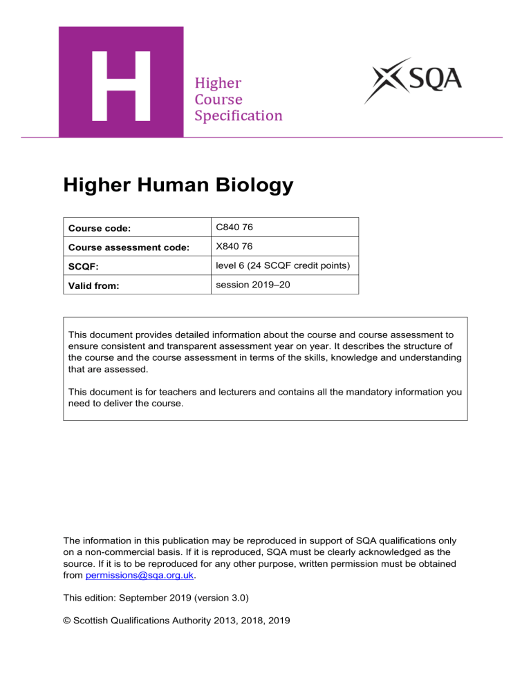 SQA Higher Human Biology Course Specification SQA Higher Human Biology Course Specification