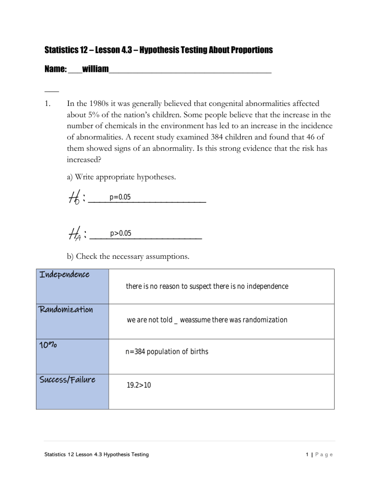 Hypothesis Testing: Proportions Worksheet
