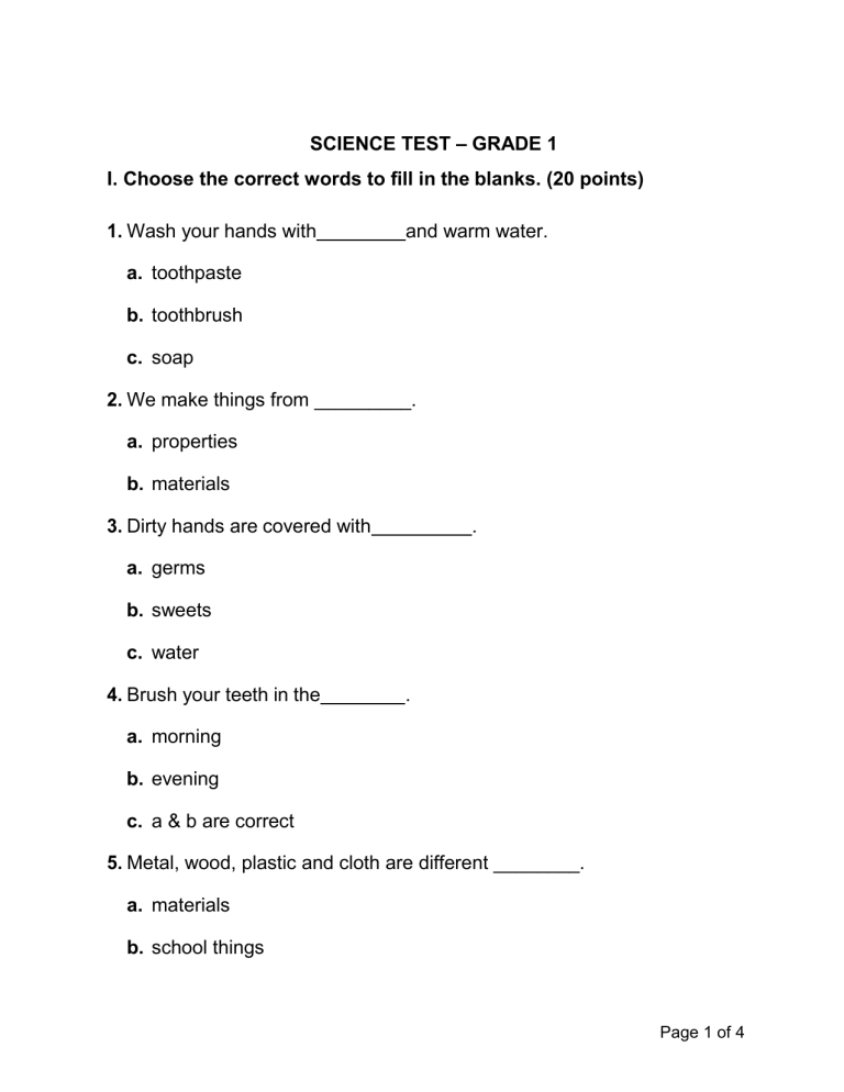 SCIENCE TEST GRADE 1