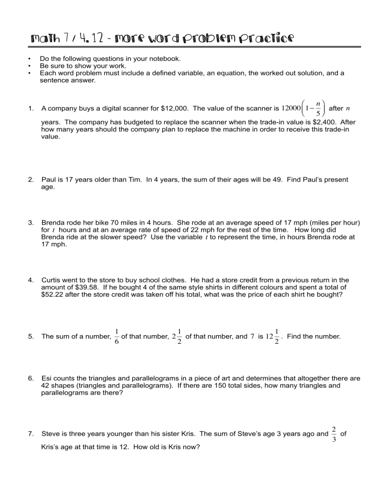 4 12 Practice Word Problems Maths Grade 7 4 12 Practice Word Problems Maths Grade 7