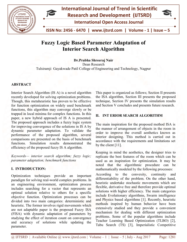 Fuzzy Logic Isa Parameter Adaptation Optimization Algorithm