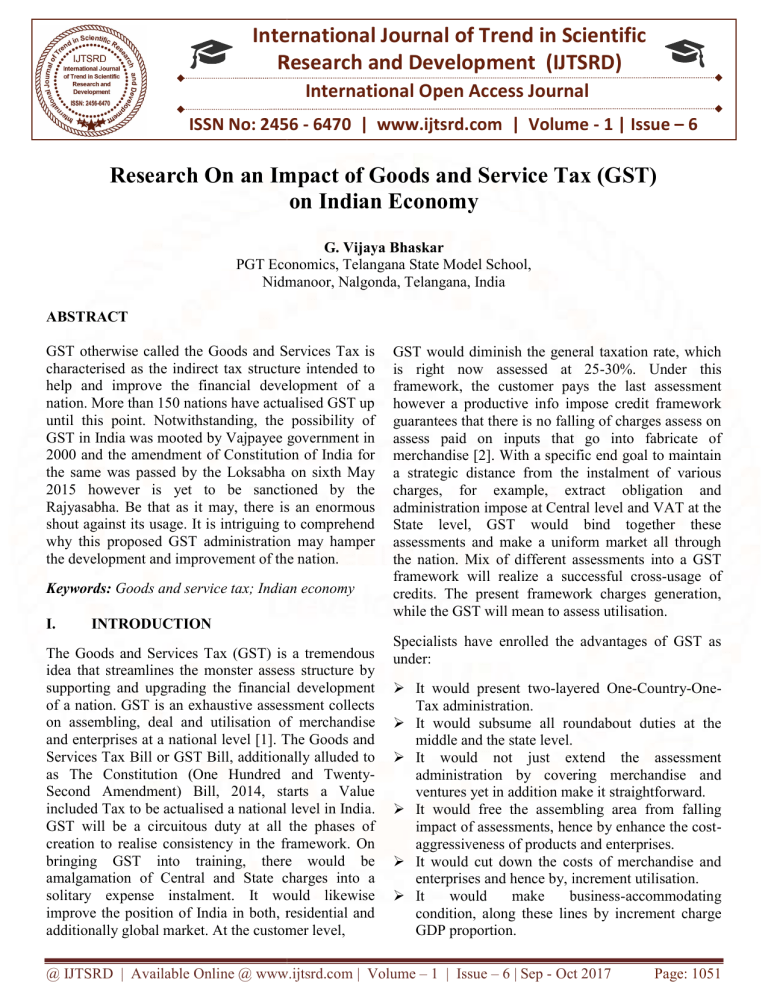 GST Impact on Indian Economy: Research Paper Analysis
