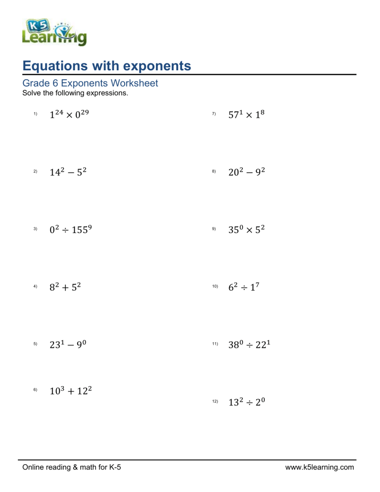Grade 6 exponents equations c