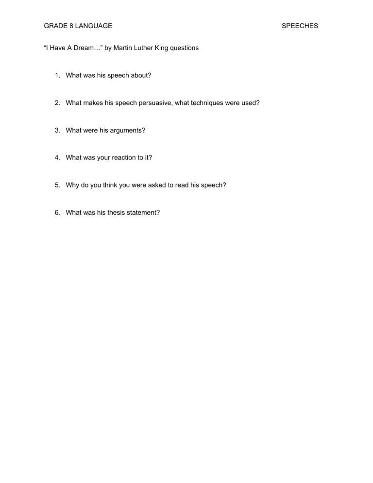 MLK 'I Have a Dream' Speech Worksheet