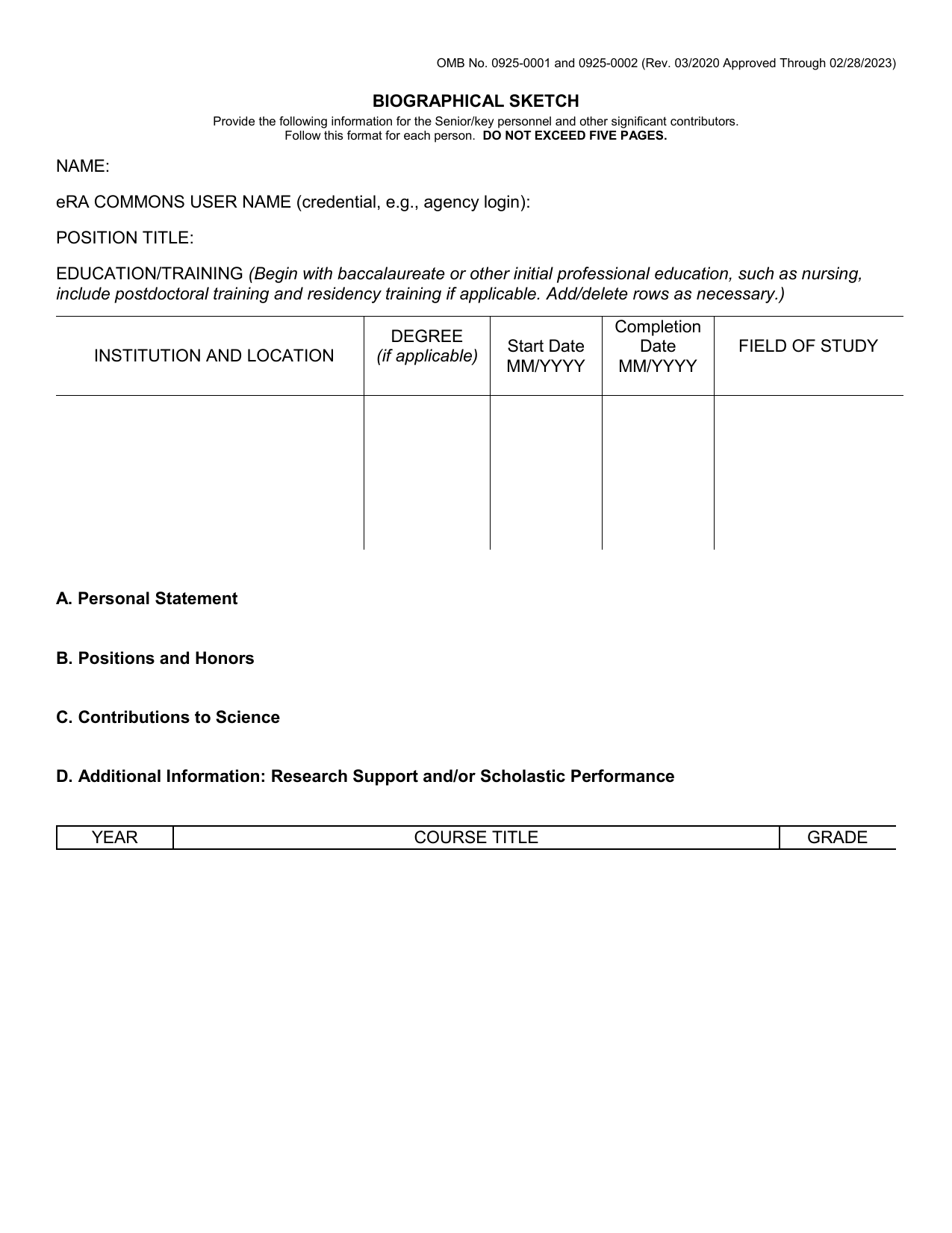 Biosketch blank fellowship format Exp 02 28 2023
