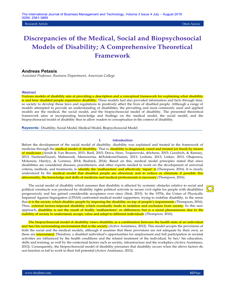 Disability Models: Medical, Social, Biopsychosocial Framework