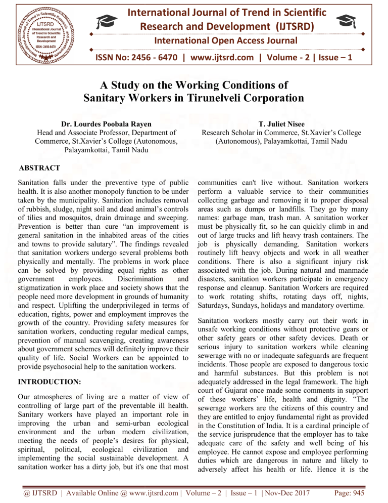 Sanitary Workers' Conditions in Tirunelveli: A Study