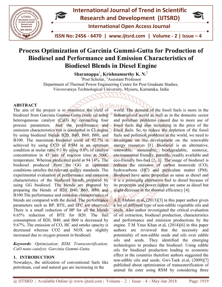 Biodiesel Production from Garcinia Gummi-Gutta: Optimization & Performance