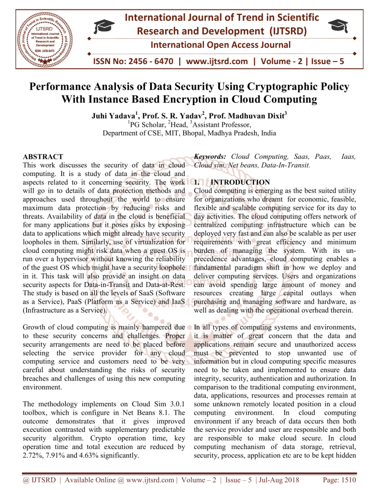 Performance Analysis Of Data Security Using Cryptographic Policy With Instance Based Encryption