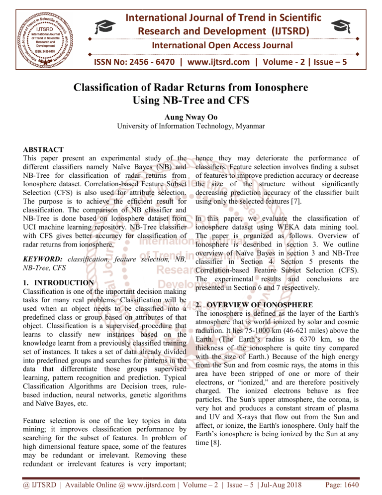 Ionosphere Radar Return Classification: NB-Tree & CFS