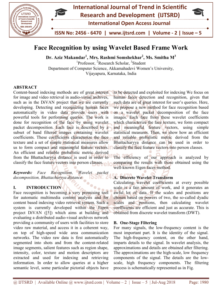 Face Recognition by using wavelet based frame work Face Recognition by using wavelet based frame work