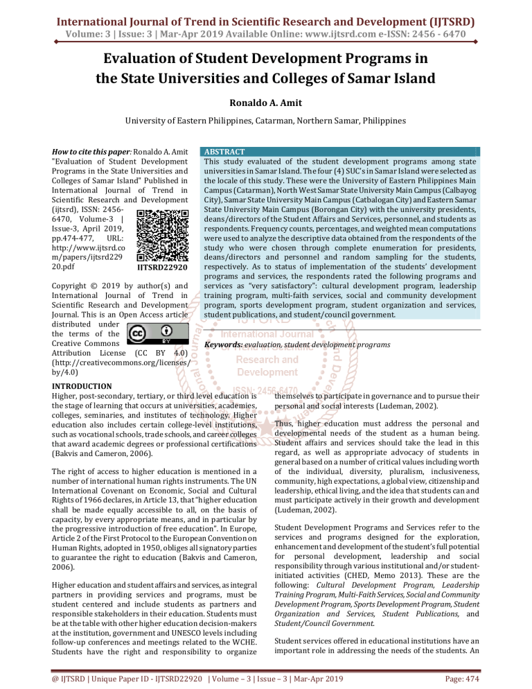 Student Development Programs Evaluation in Samar Universities