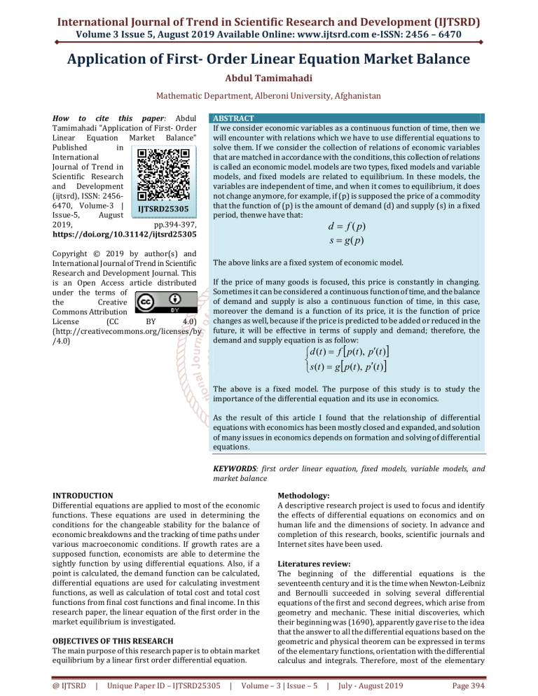 Application Of First Order Linear Equation Market Balance