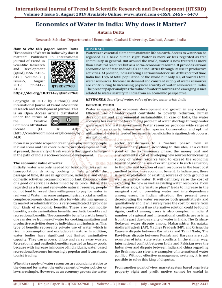 Economics of Water in India: Scarcity & Value