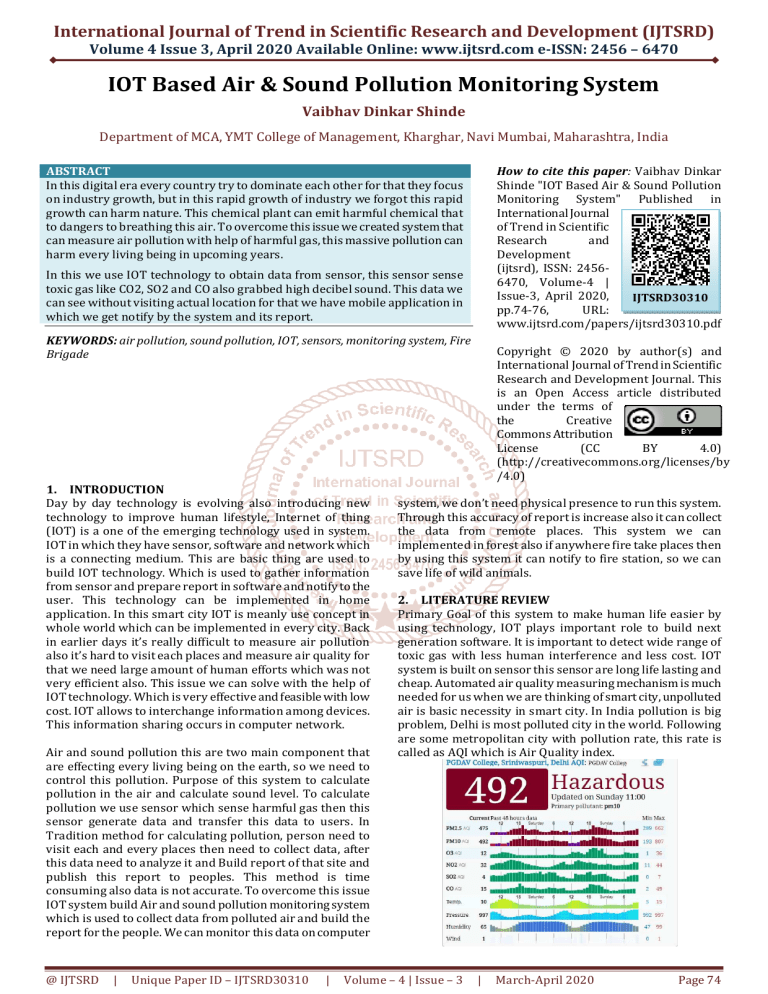 IOT Air & Sound Pollution Monitoring System Research Paper