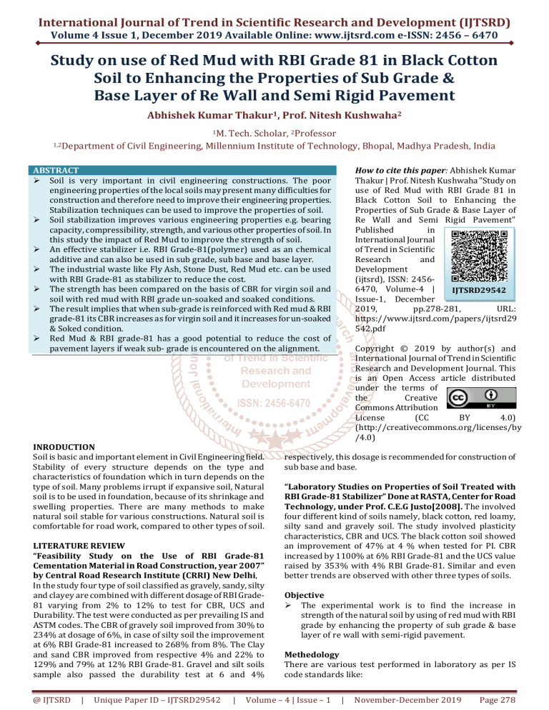 Red Mud & RBI Grade 81 for Soil Stabilization in Pavements
