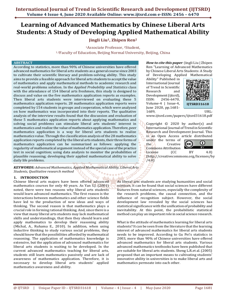 Advanced Math for Liberal Arts: Developing Applied Ability