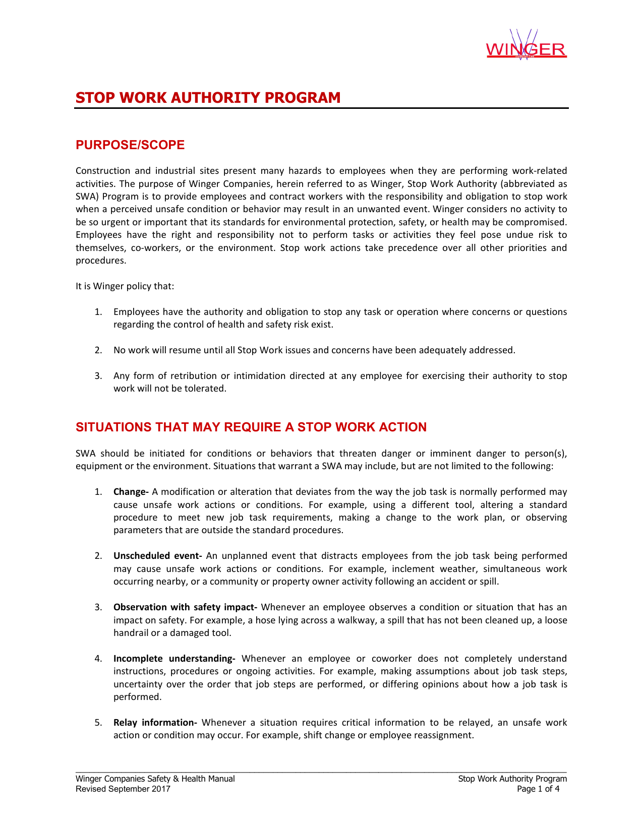 STOP WORK AUTHORITY PROGRAM