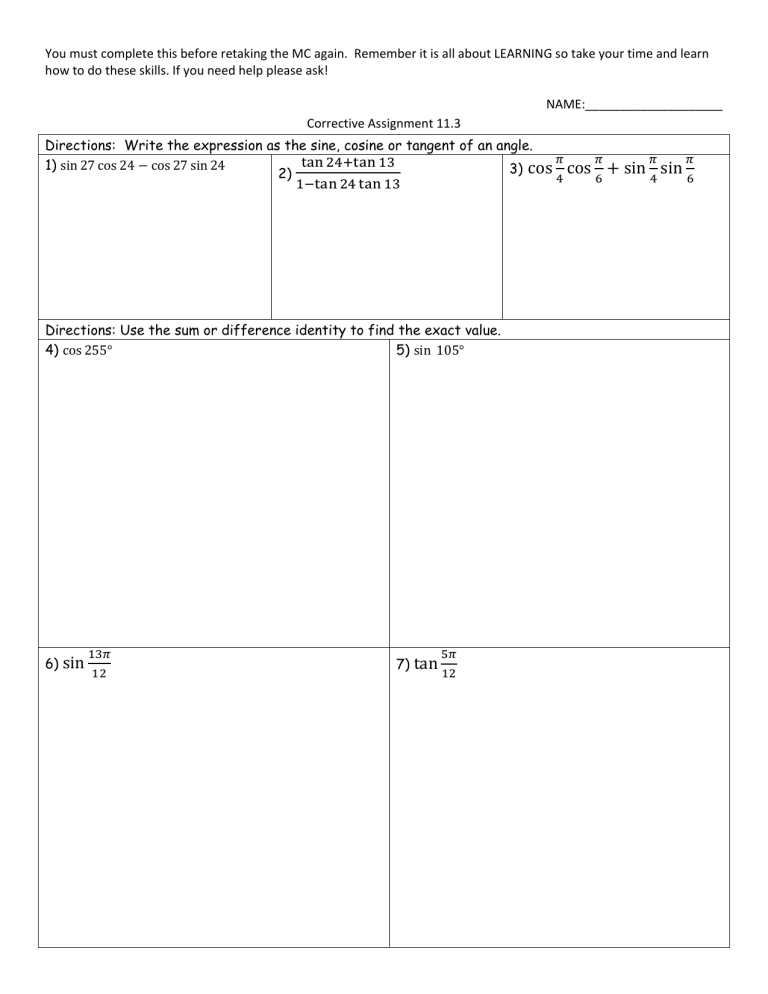 SUM AND DIFFERENCE IDENTITIES