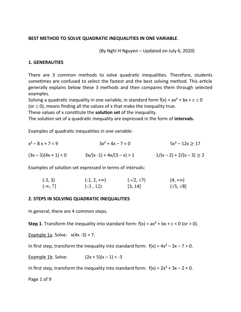 Best Method For Solving Quadratic Inequalities In One Variable